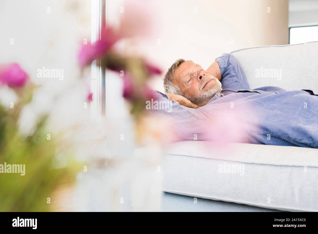 Senior man lying on couch at home taking a nap Stock Photo - Alamy