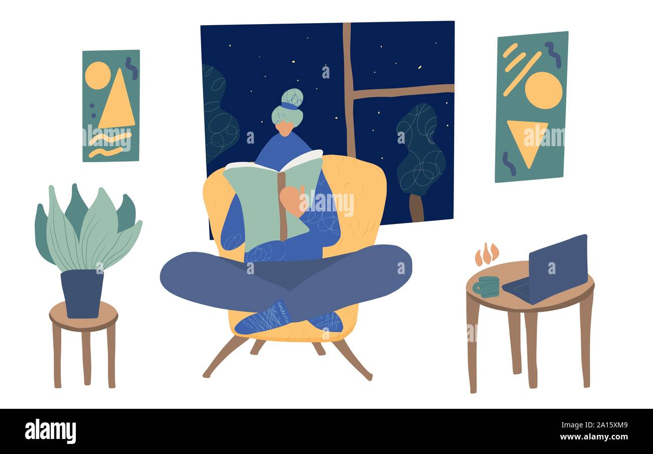 Reader Sitting In Chair And Reading A Book In Her Room Vector