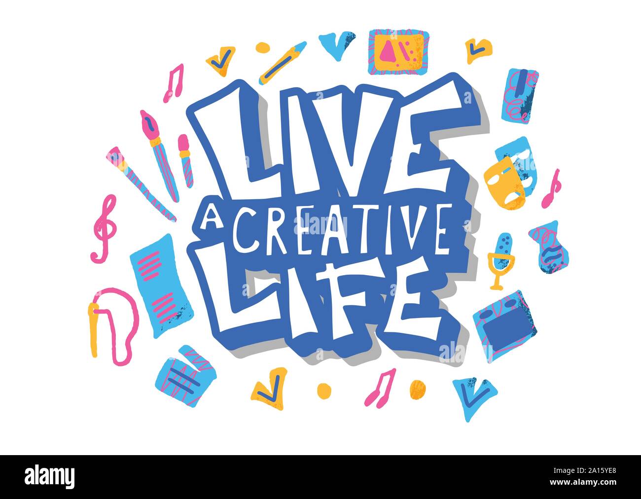 Live a creative life greeting card template. Lettering with art symbols ...