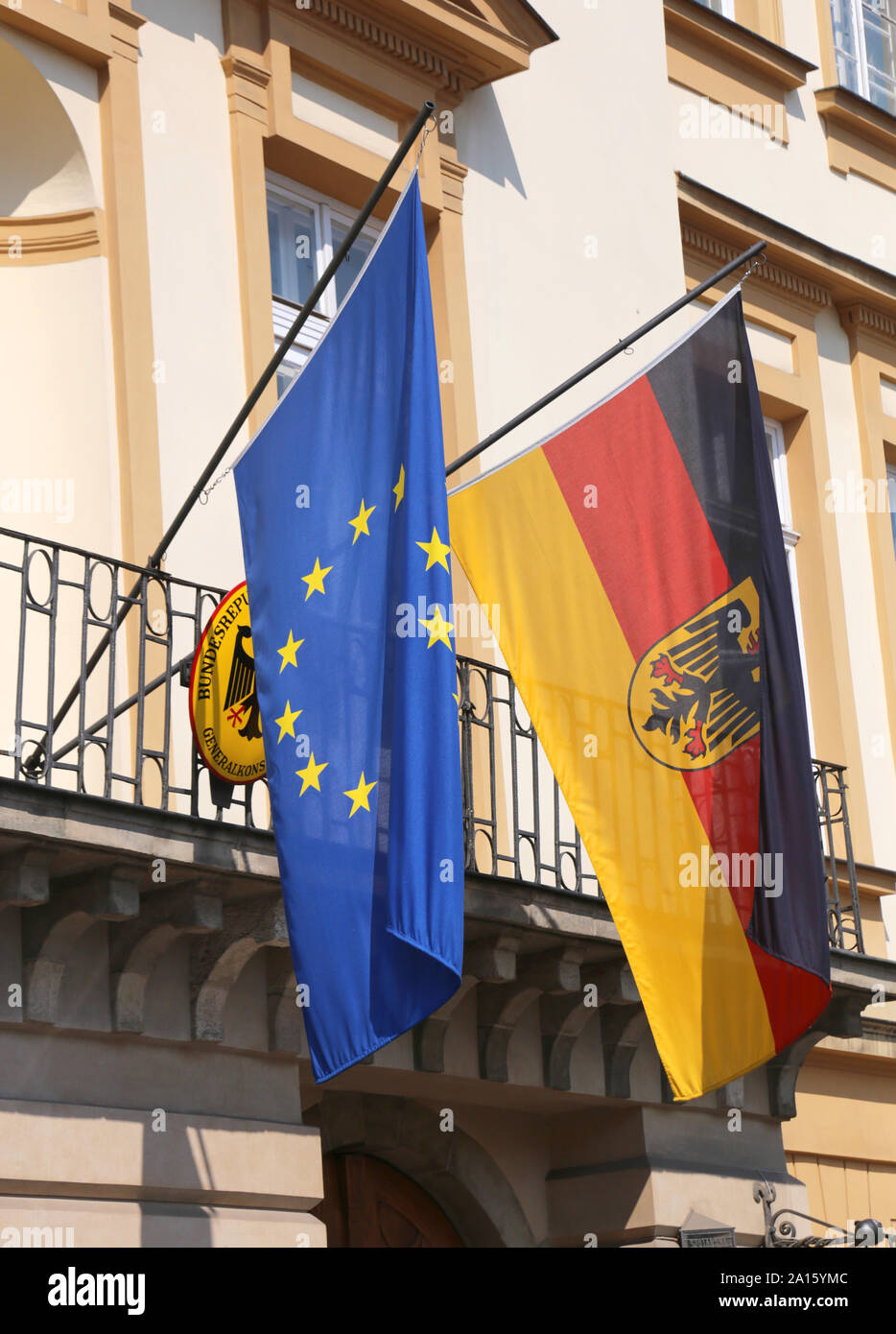 Cracow. Krakow. Poland. The flags of Germany and European Union on the ...
