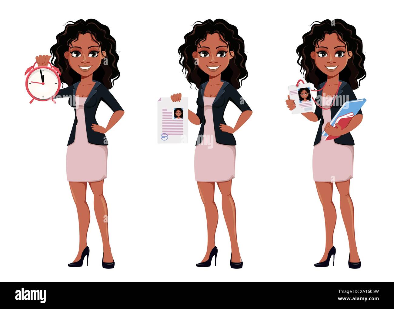 Beautiful Young African American Business Woman In Fashionable Clothes Set Of Three Poses Cute