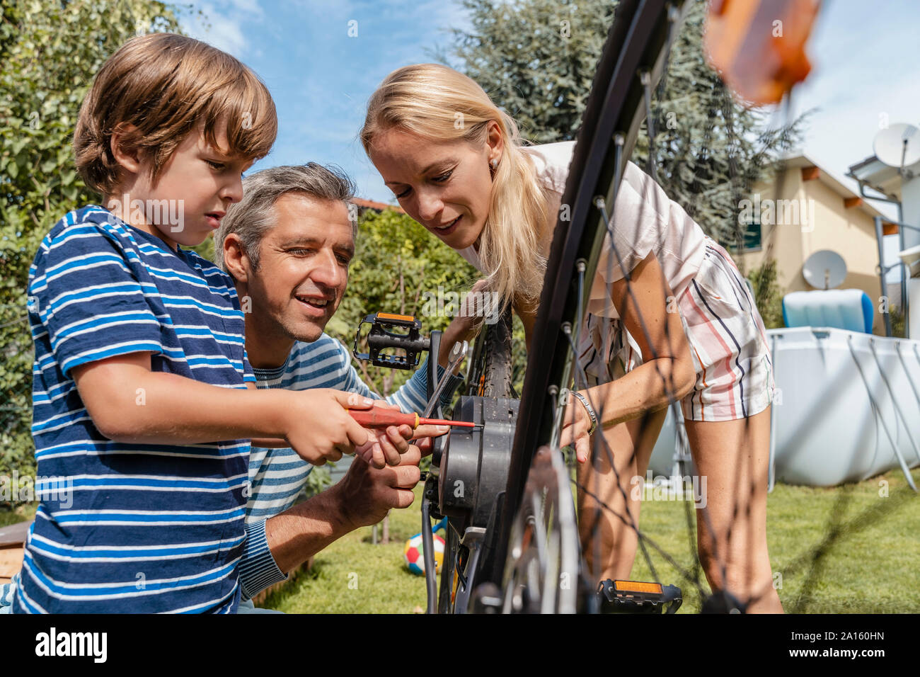 Family repairing a bicycle together in garden Stock Photo - Alamy