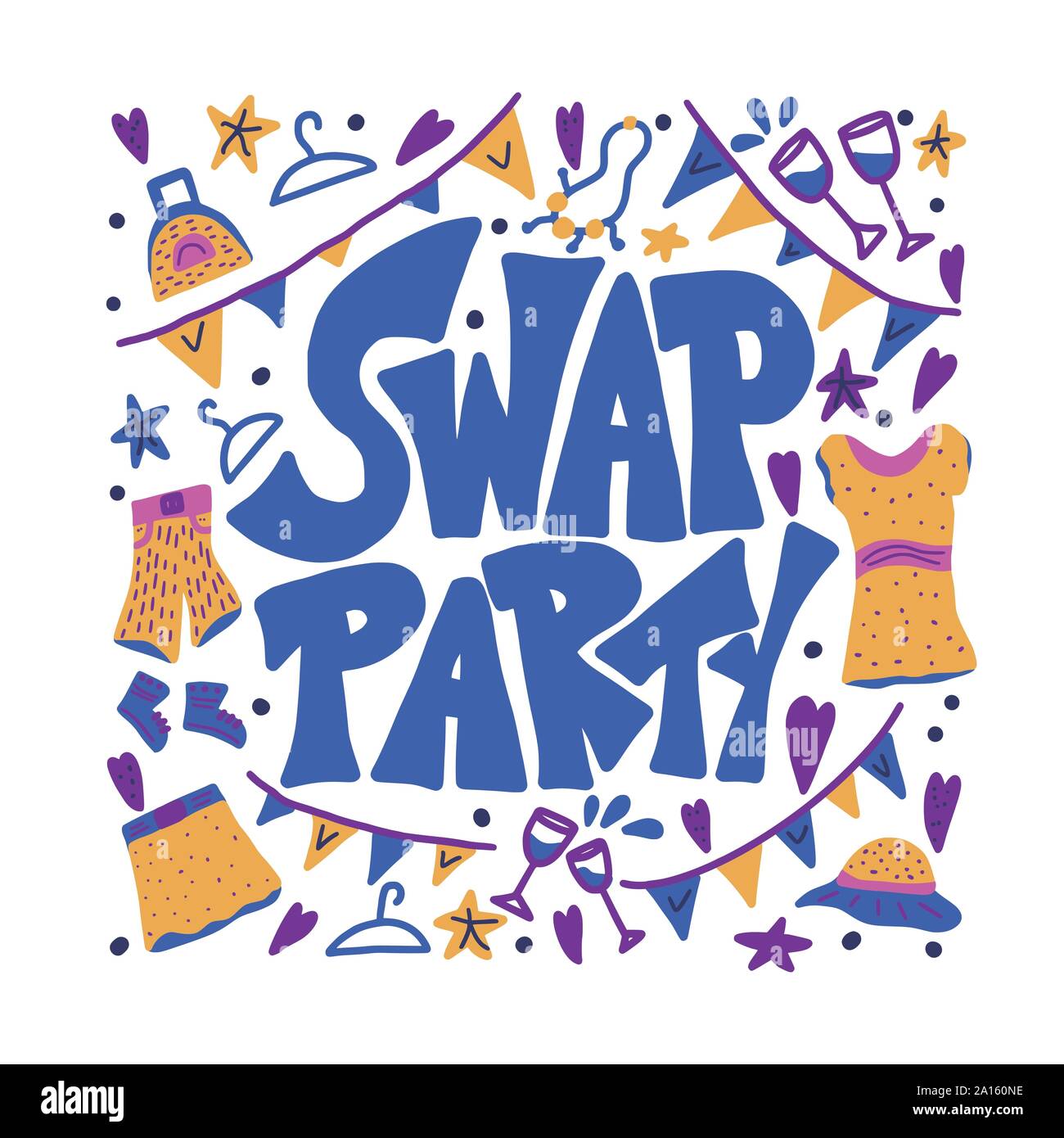 Swap Party lettering with doodle style decoration. Poster template for ...