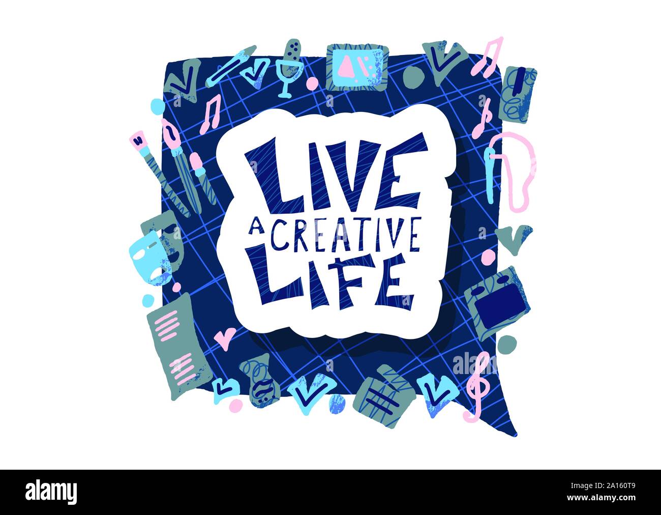 Live a creative life sticker quote. Lettering with art symbols. Hand ...