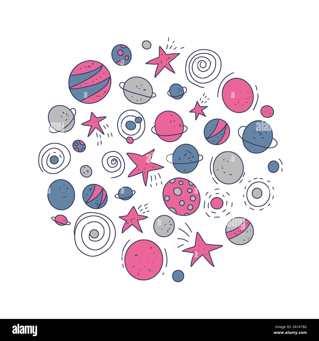 Round badge of space objects and symbols set. Vector hand drawn doodles ...