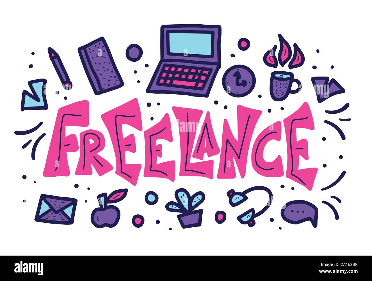 Freelance word in flat style. Hand drawn lettering with job design ...