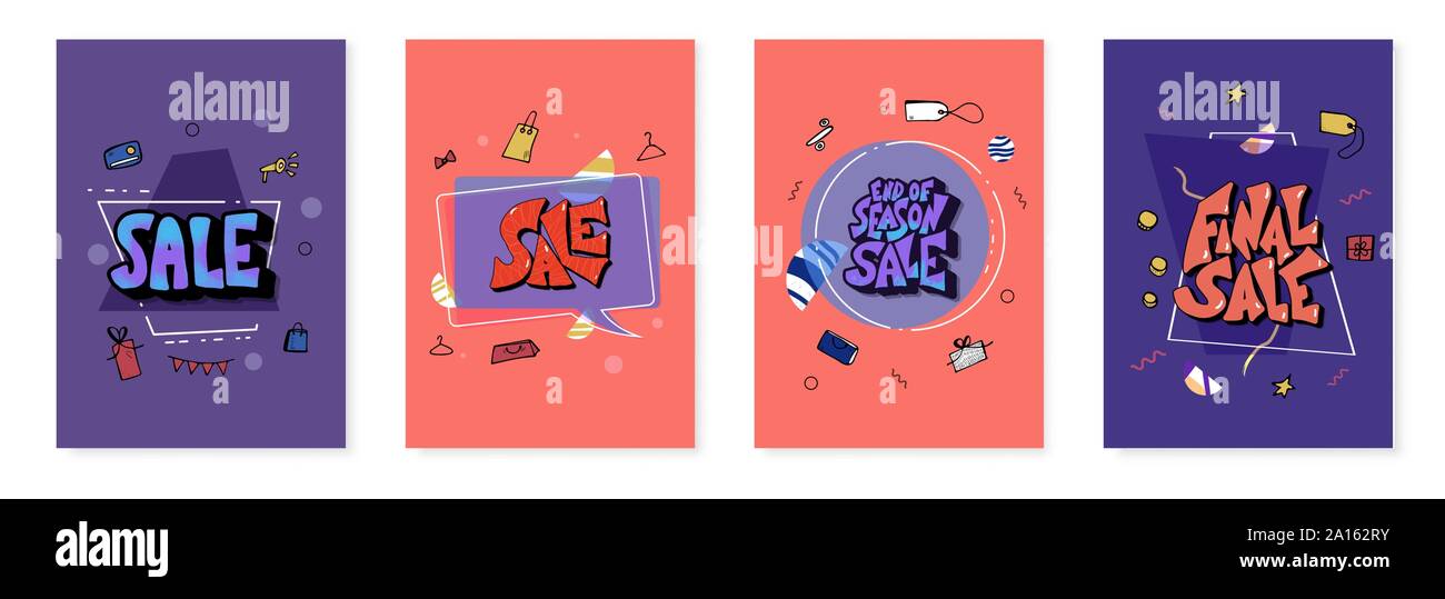 Sale banners set. Stylized promotion lettering with geometric ...