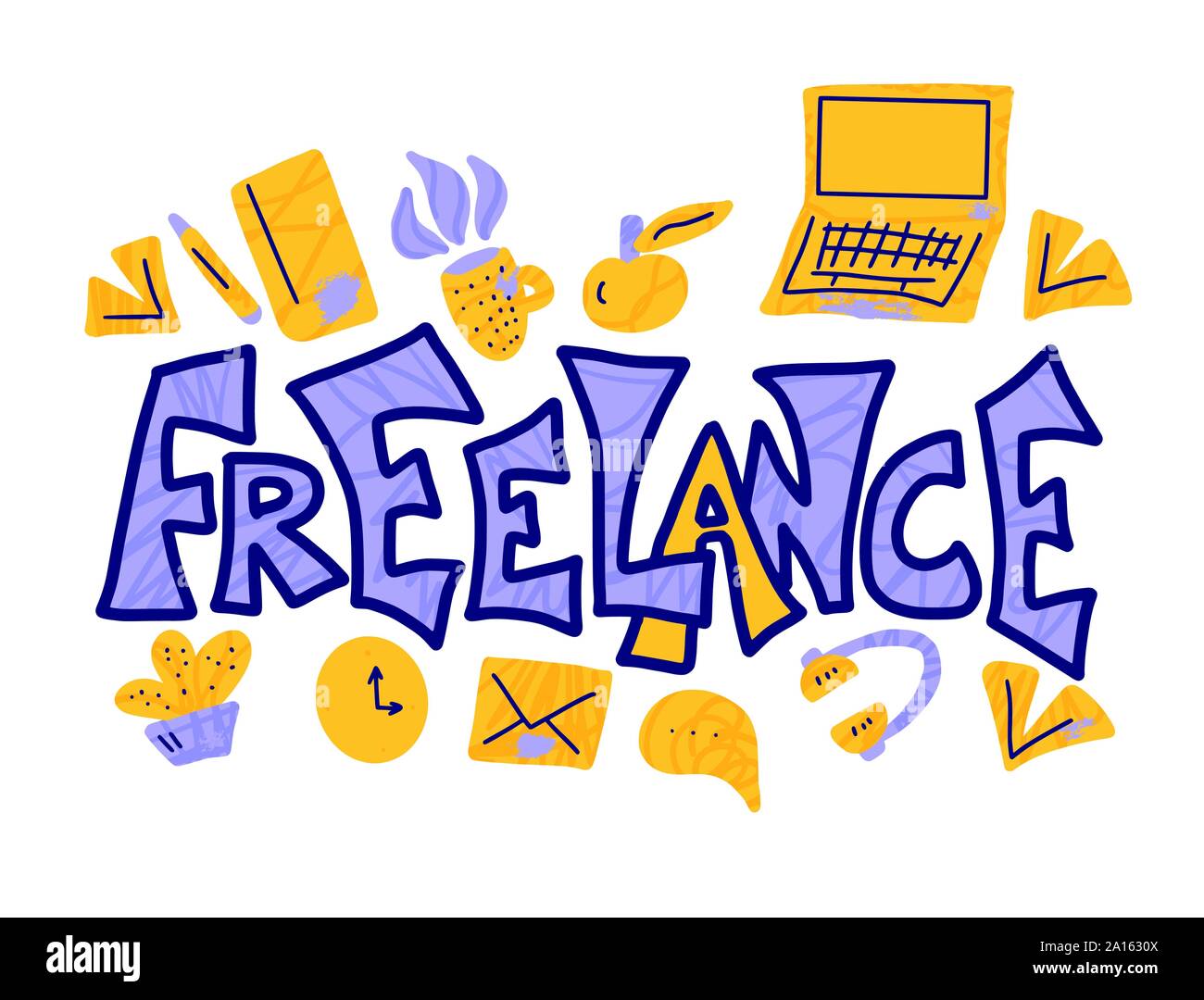 Freelance word with job design elements isolated on white background ...