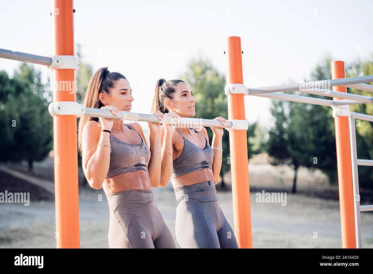 Two twin sisters doing workout on calisthenics bars Stock Photo - Alamy