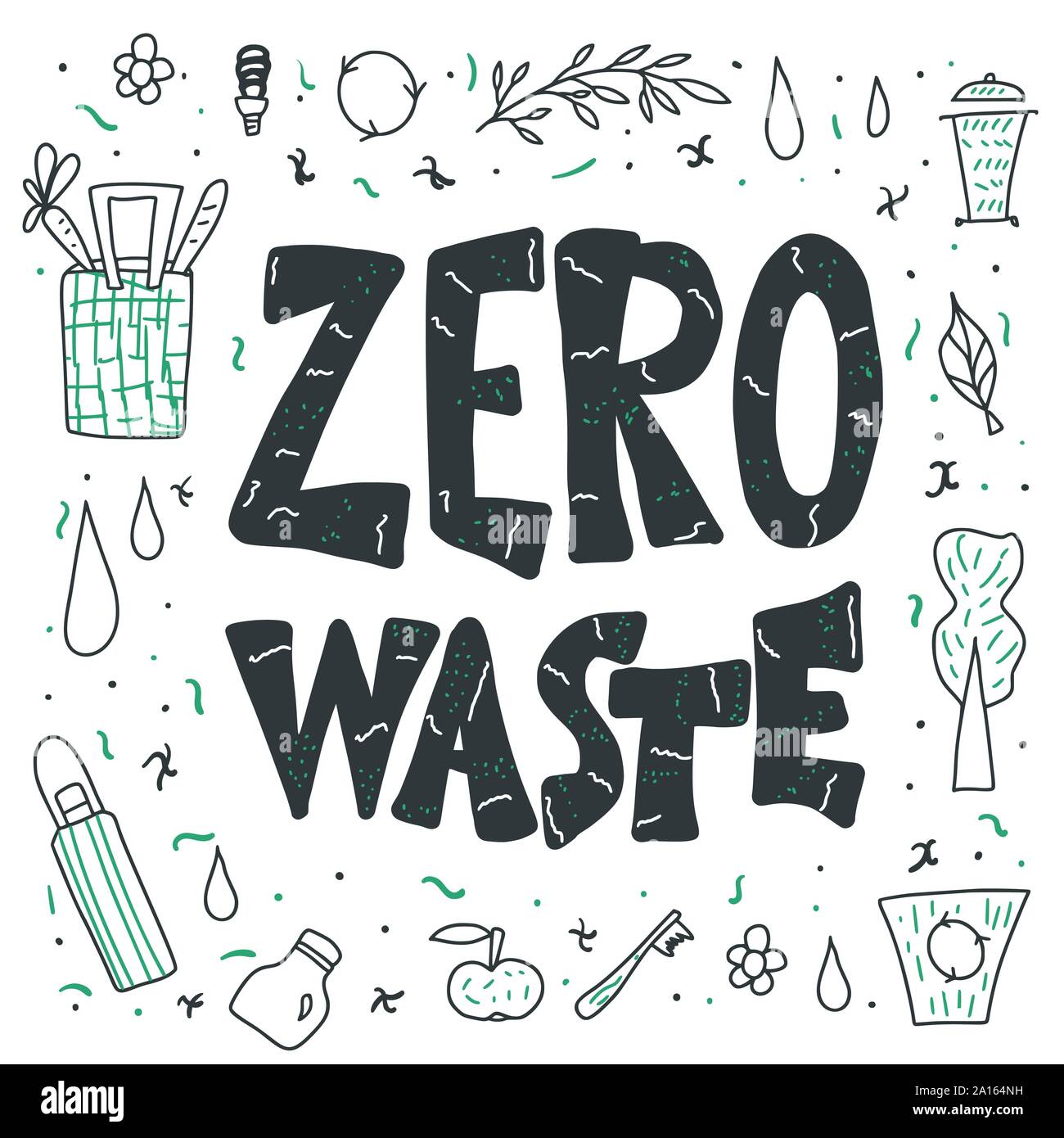 Zero waste text with hand drawn decoration . Ecological lifestyle ...