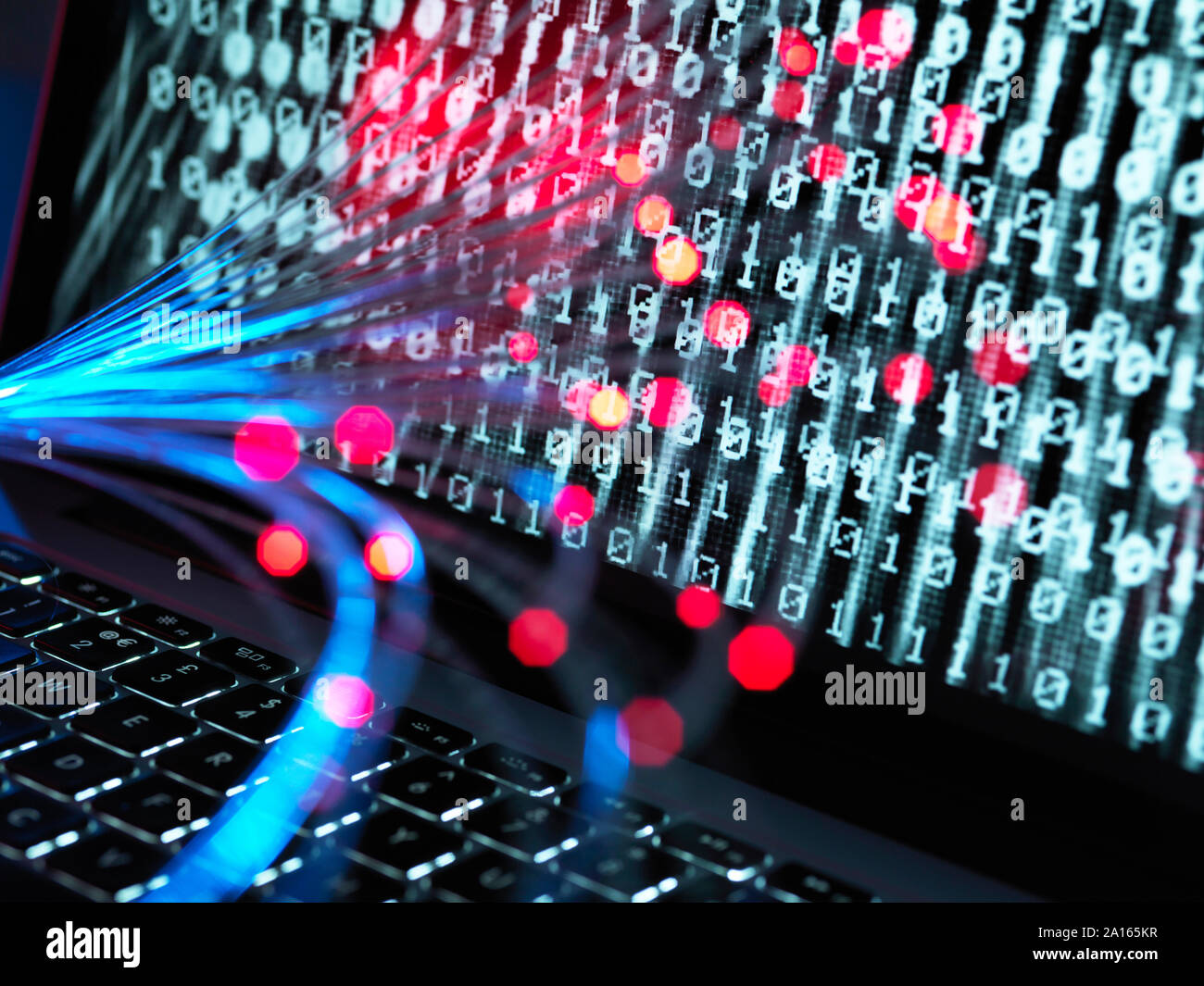 Cyber Attack, Fibre optics containing a virus infecting a computer ...