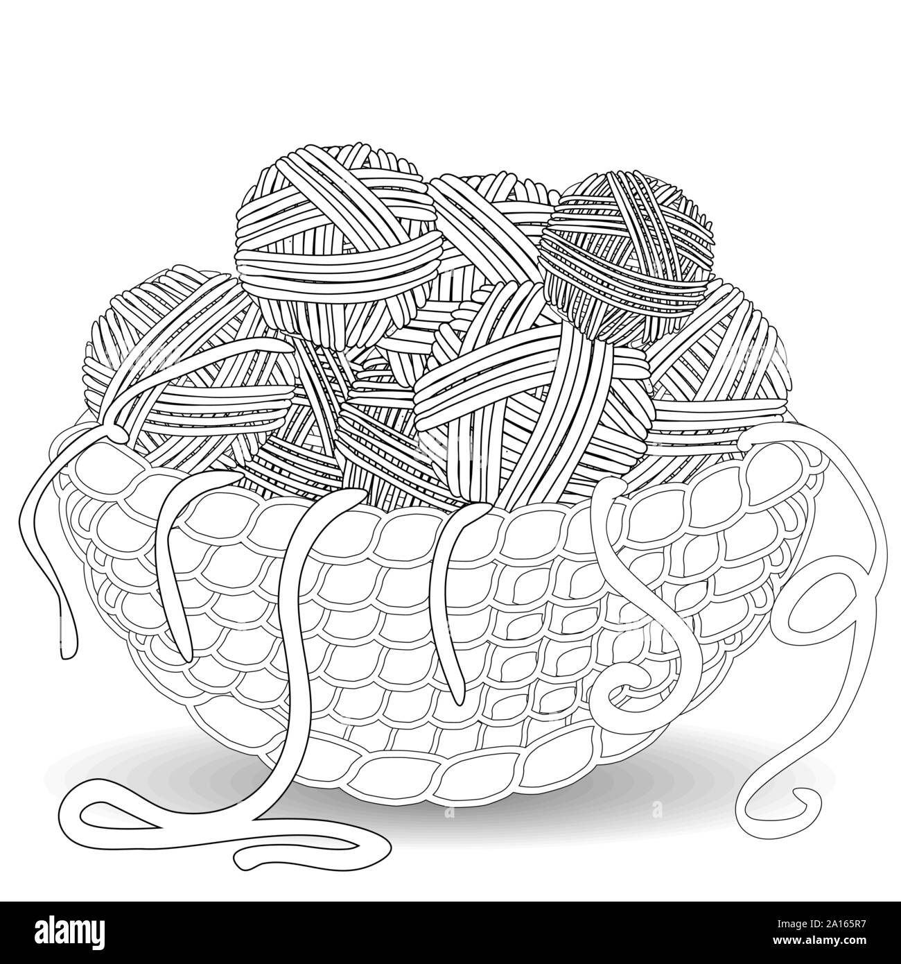 Basket with tangles of balls of wool. Coloring for adults and children ...