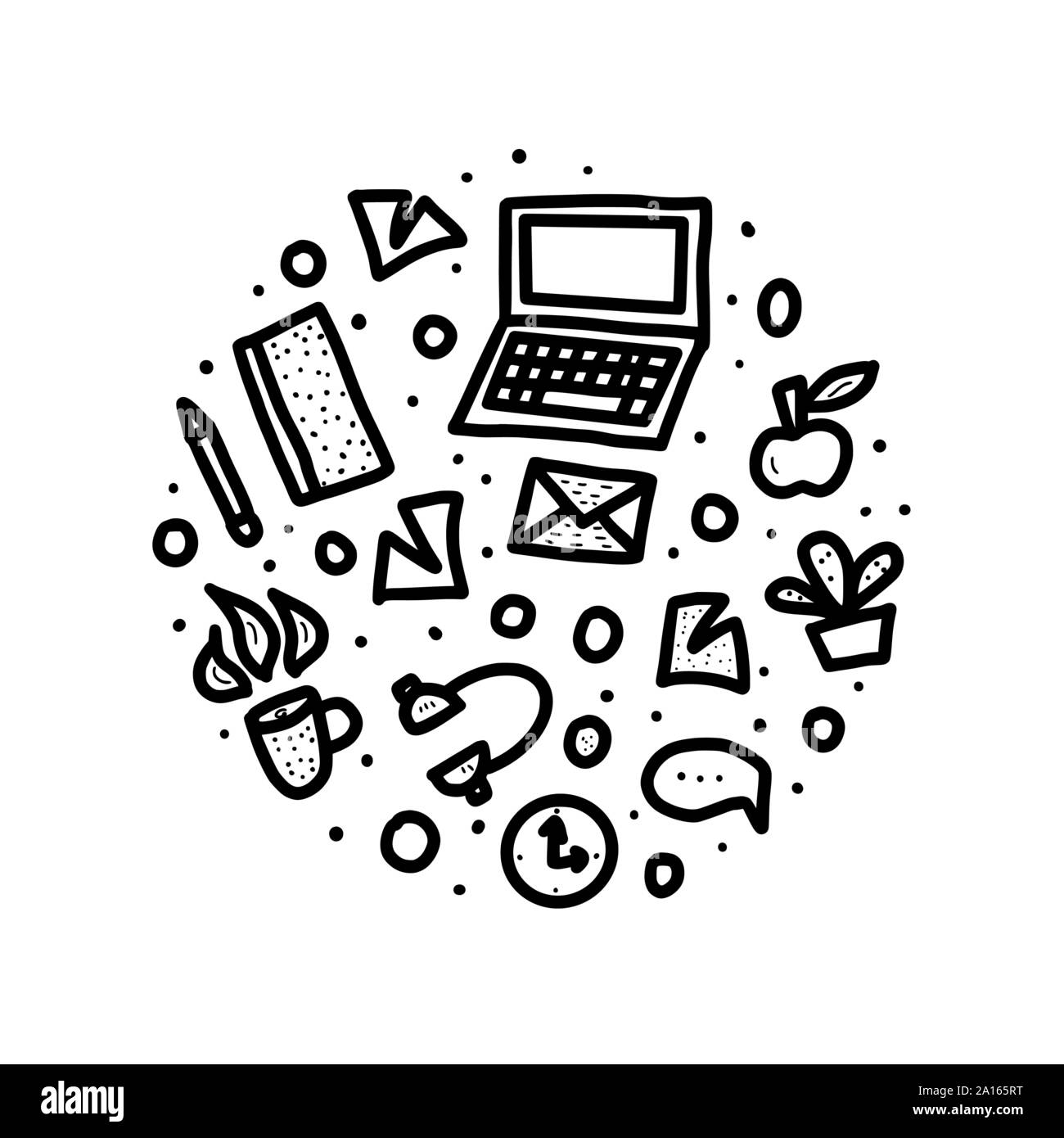 Round badge of office work. Circle composition with doodle job elements ...