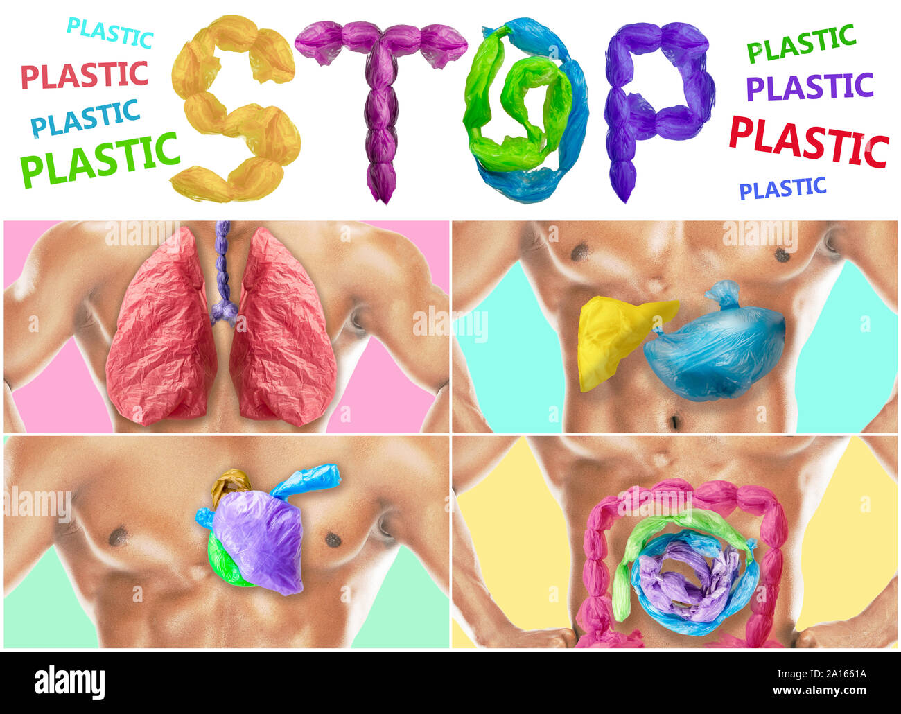 Stop plastic - concept of environmental pollution. Male body with ...