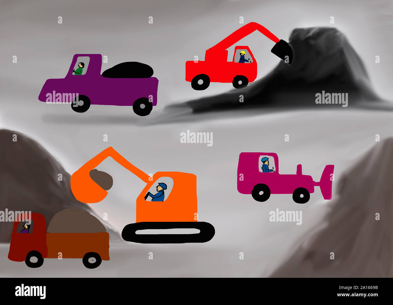 Child's drawing of construction machines at work Stock Photo - Alamy