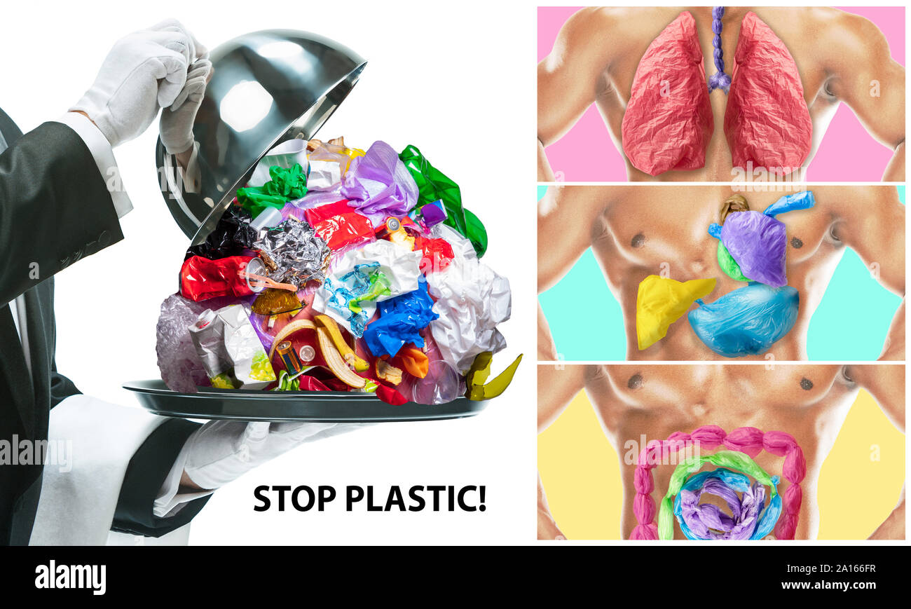 Stop plastic - concept of environmental pollution. Male body with ...
