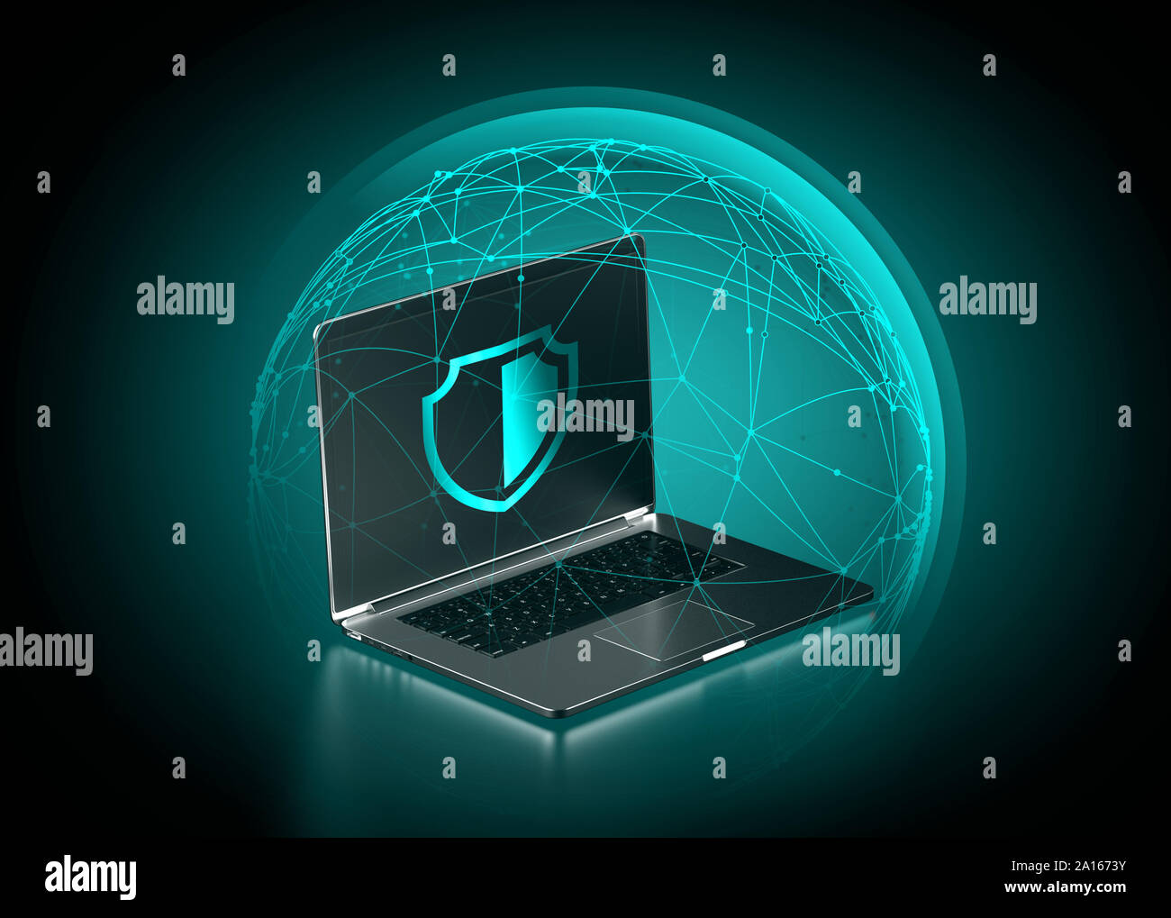 Data protected with blue force field like shield around laptop computer ...