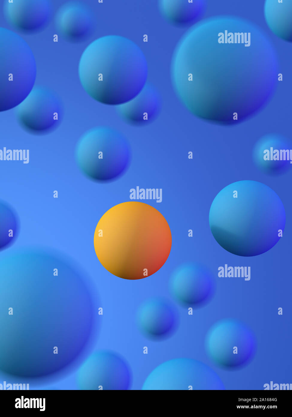 Rendering of yellow sphere amidst blue spheres Stock Photo - Alamy