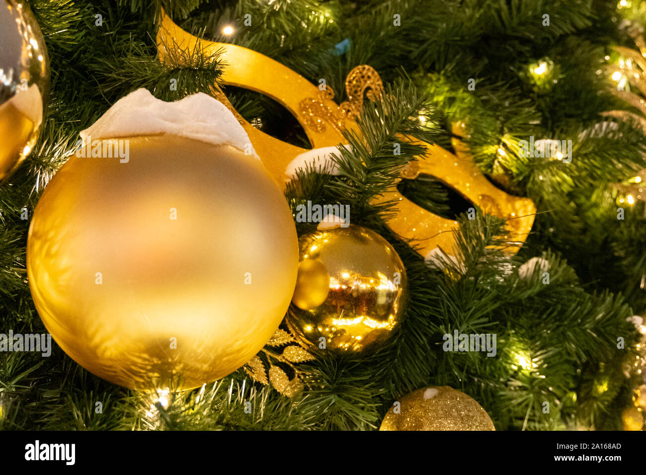 Decorated Christmas tree close up details. Christmas tree lights and ...