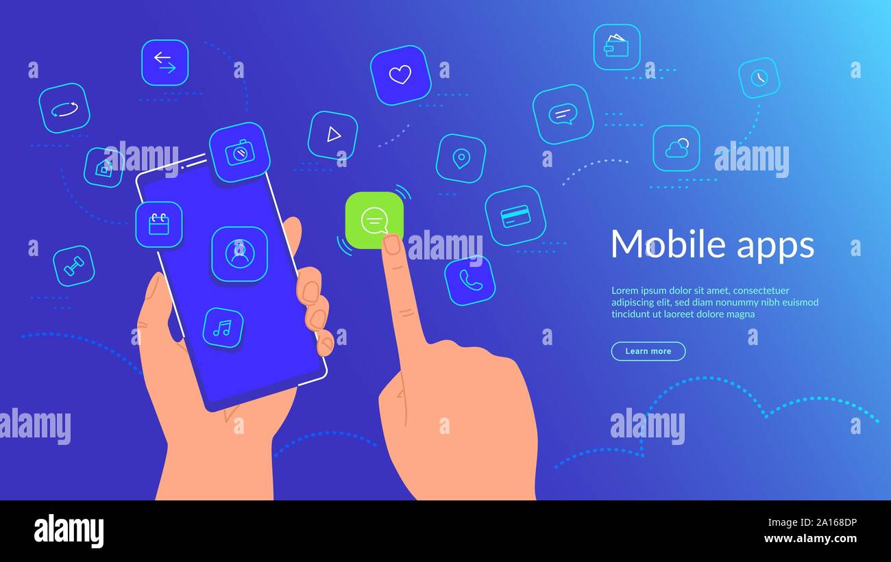 Human hand holding smartphone and choosing a mobile app icon for ...