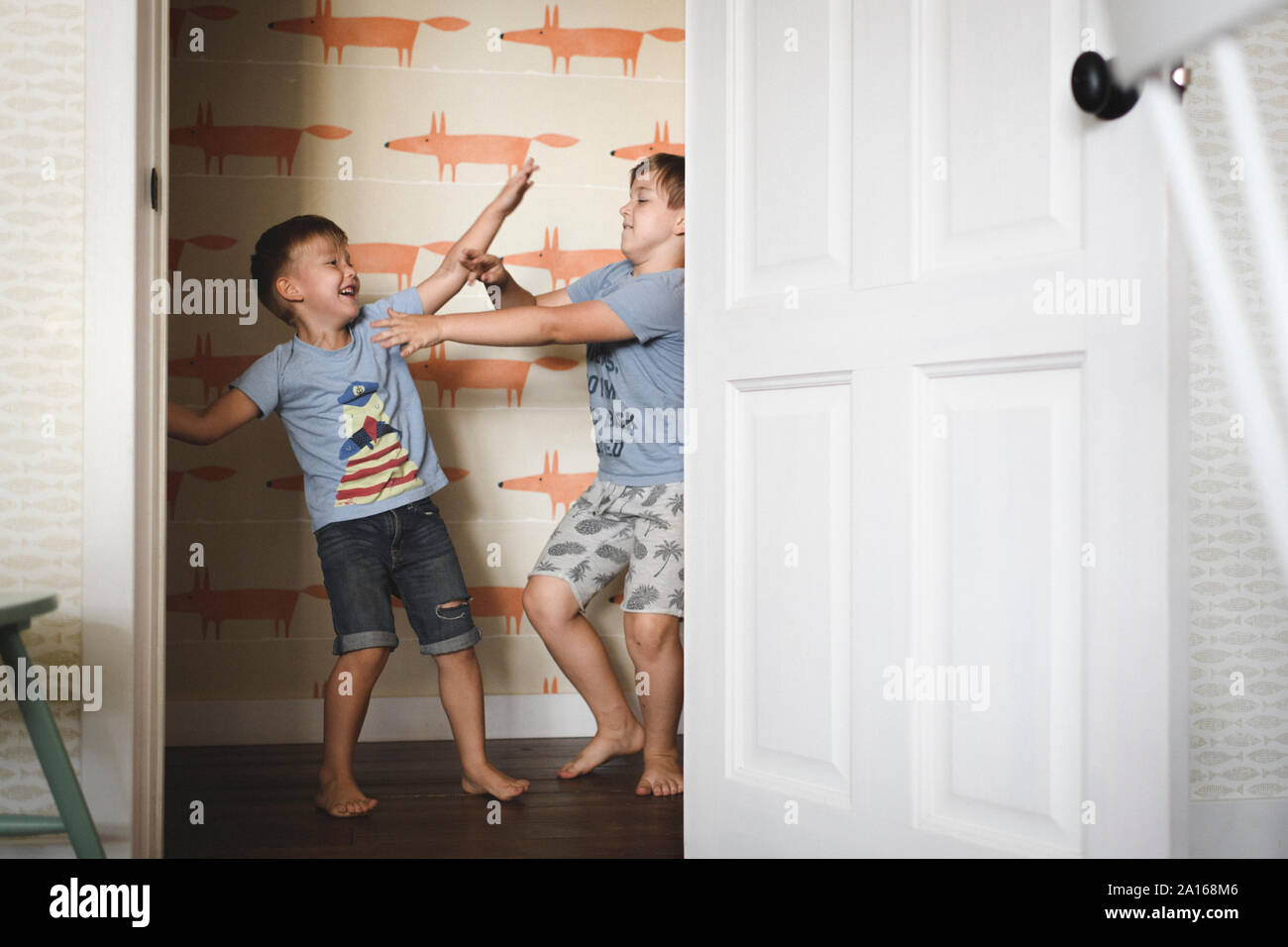 Two brothers play fighting at home Stock Photo - Alamy