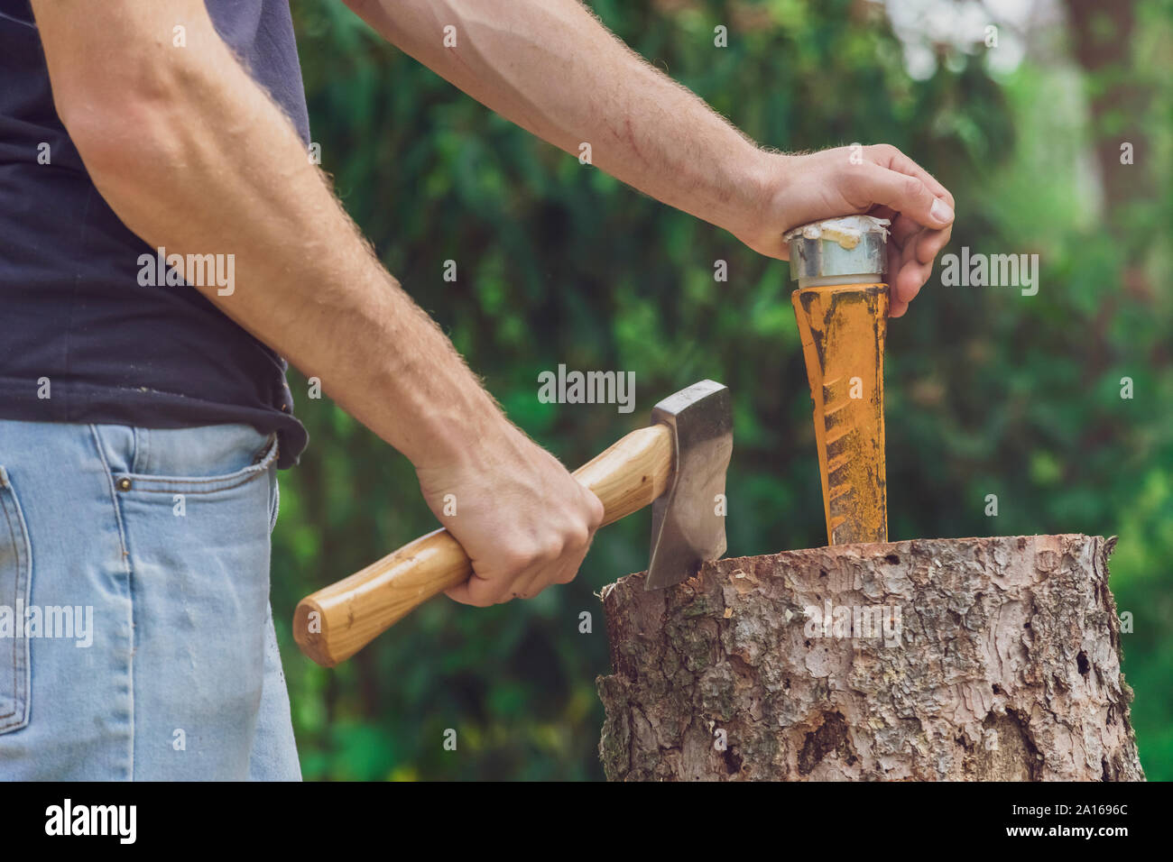 Man chopping tree with axe hi-res stock photography and images - Alamy