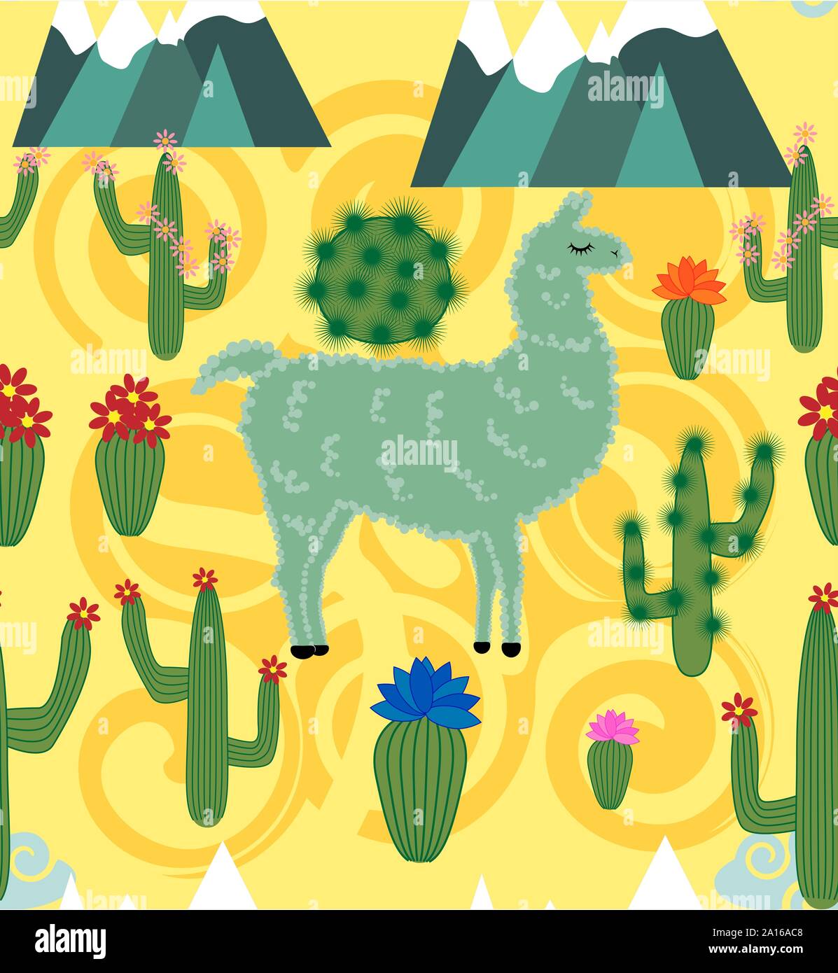 seamless pattern with cute cartoon llama alpaca with cactus and design ...