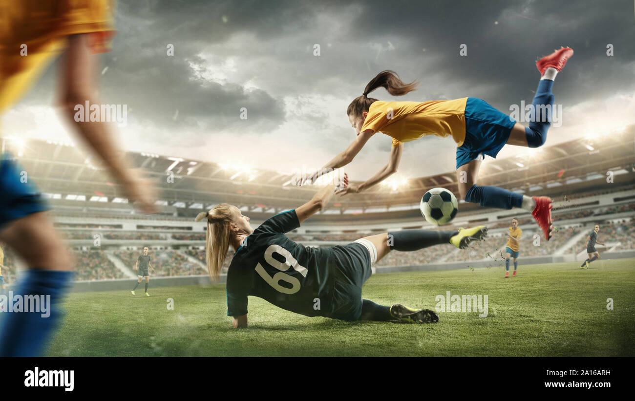 Excitement. Young female soccer or football players in sportwear ...