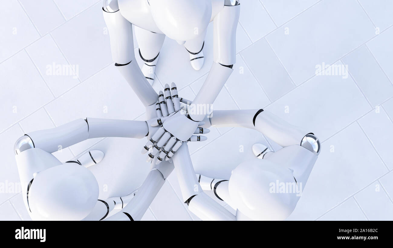 Rendering of three robots stacking hands hi-res stock photography and ...