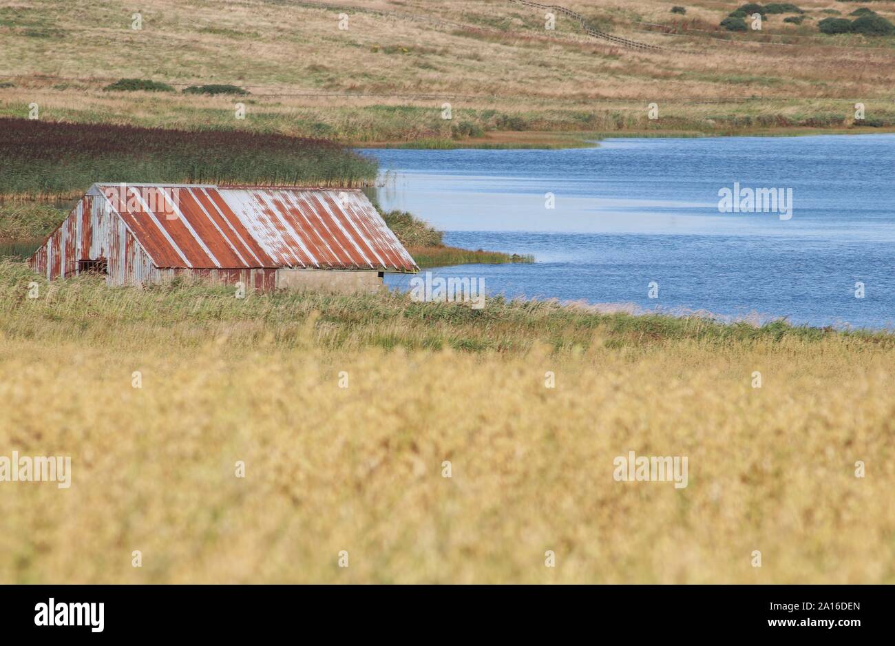 Rusty old hut by lakeside Stock Photo - Alamy