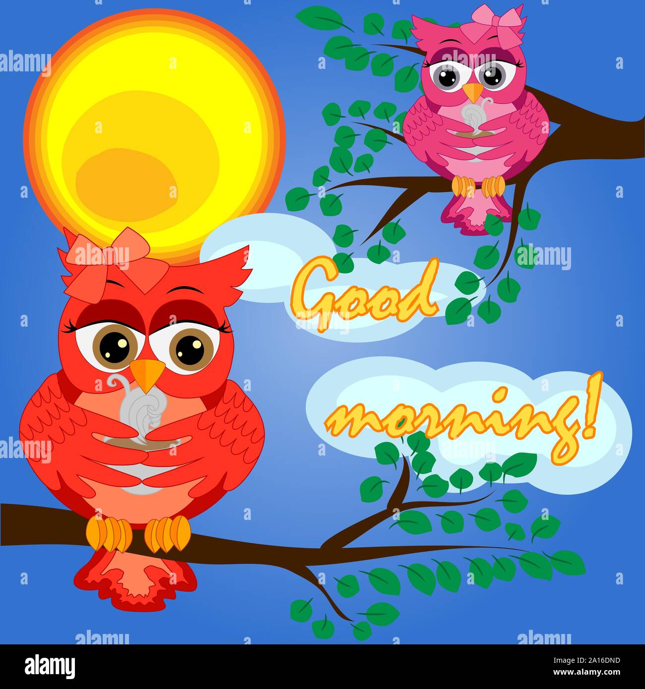 A owls on a tree branch in the morning, the sun shines and smiles ...