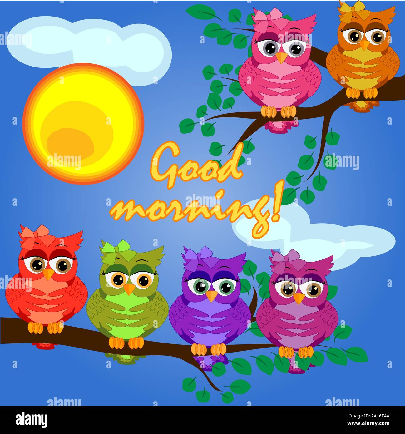 A owls on a tree branch in the morning, the sun shines and smiles ...