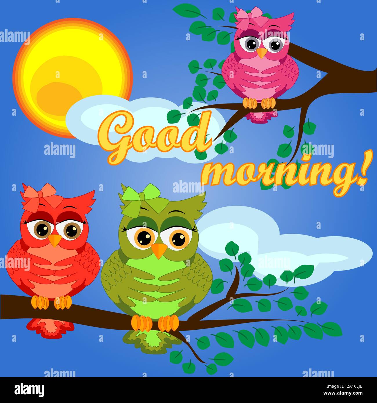 Cute coquettish owls with coffee sits on a tree. postcard, cartoon ...