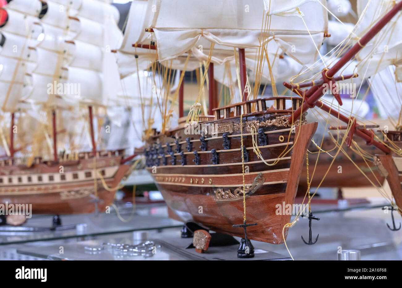 Model of an old sailing ship in a showcase of a gift shop Stock Photo ...