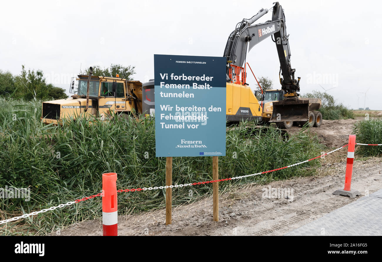 Denmark. 01st Aug, 2019. Construction machines dig a drainage ditch on ...