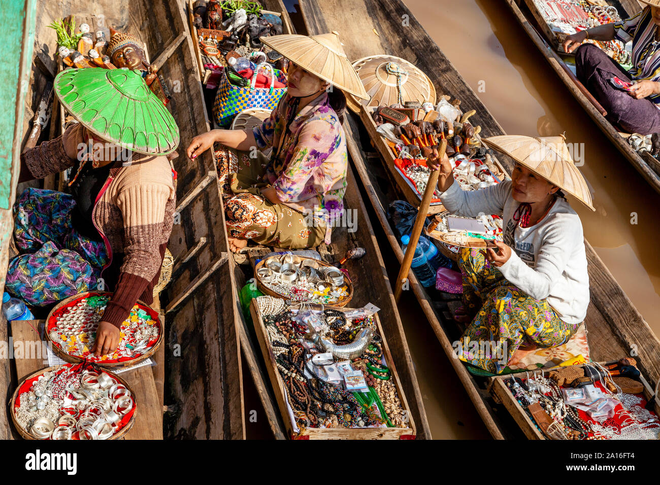 Local Women Selling Souvenirs, Floating Market, Lake Inle, Shan State ...