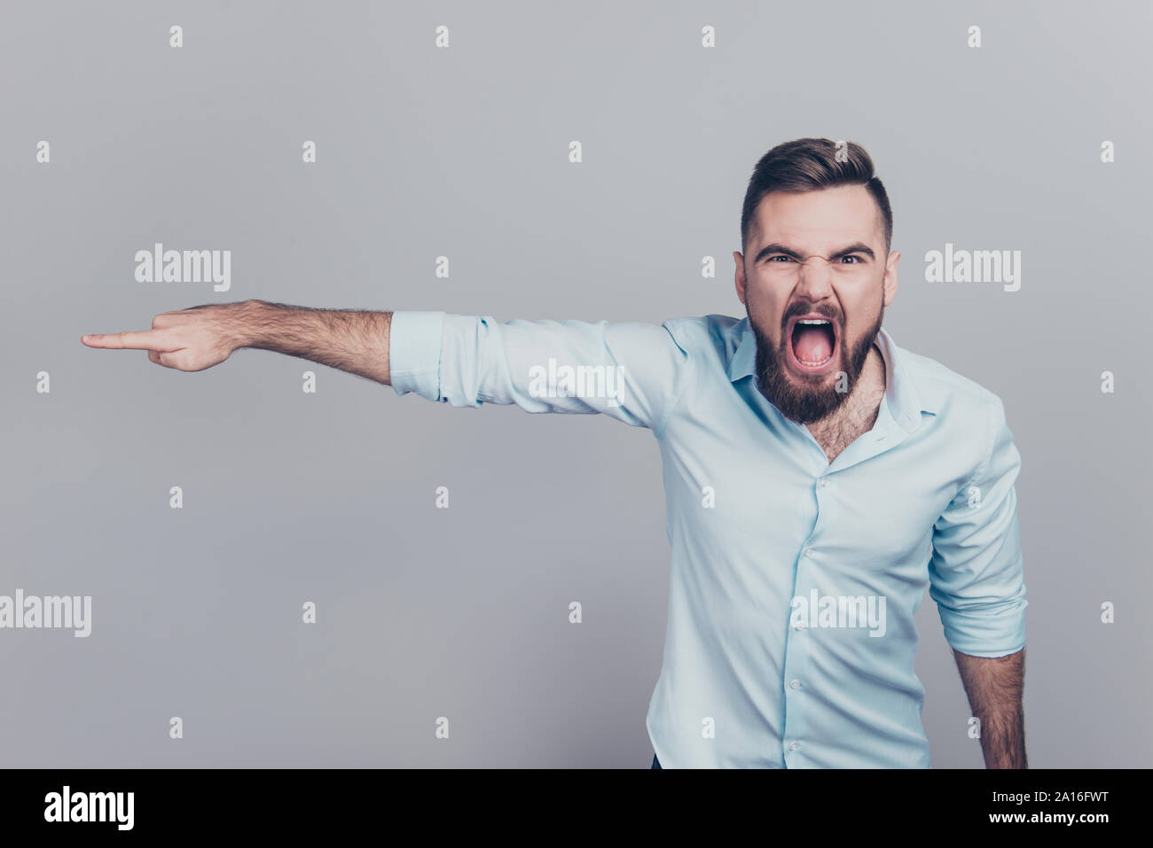 Hr corporate ceo concept. Close up studio photo portrait of mad Stock ...