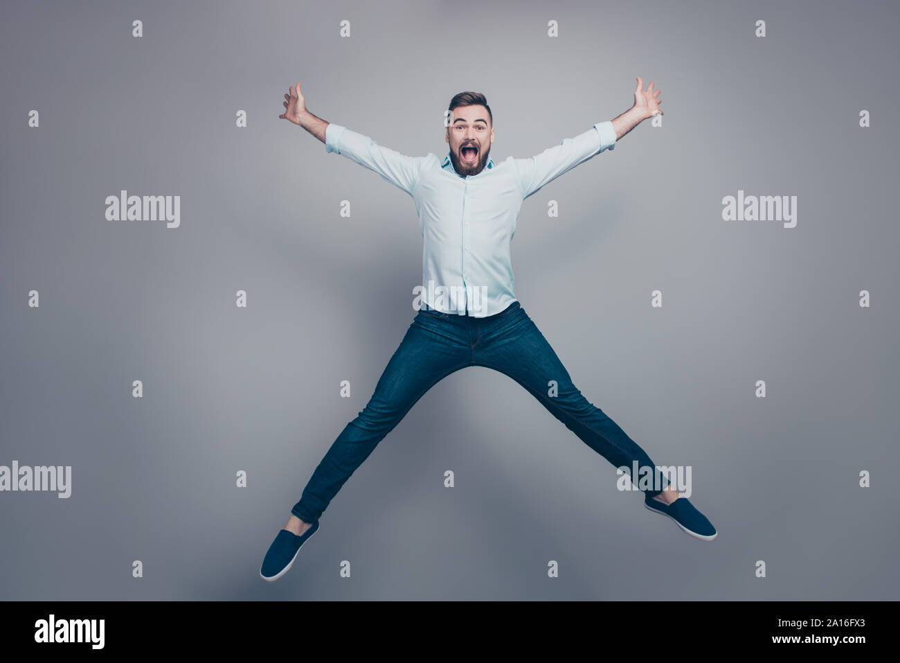 Full length size body studio photo portrait of cheerful glad pos Stock ...