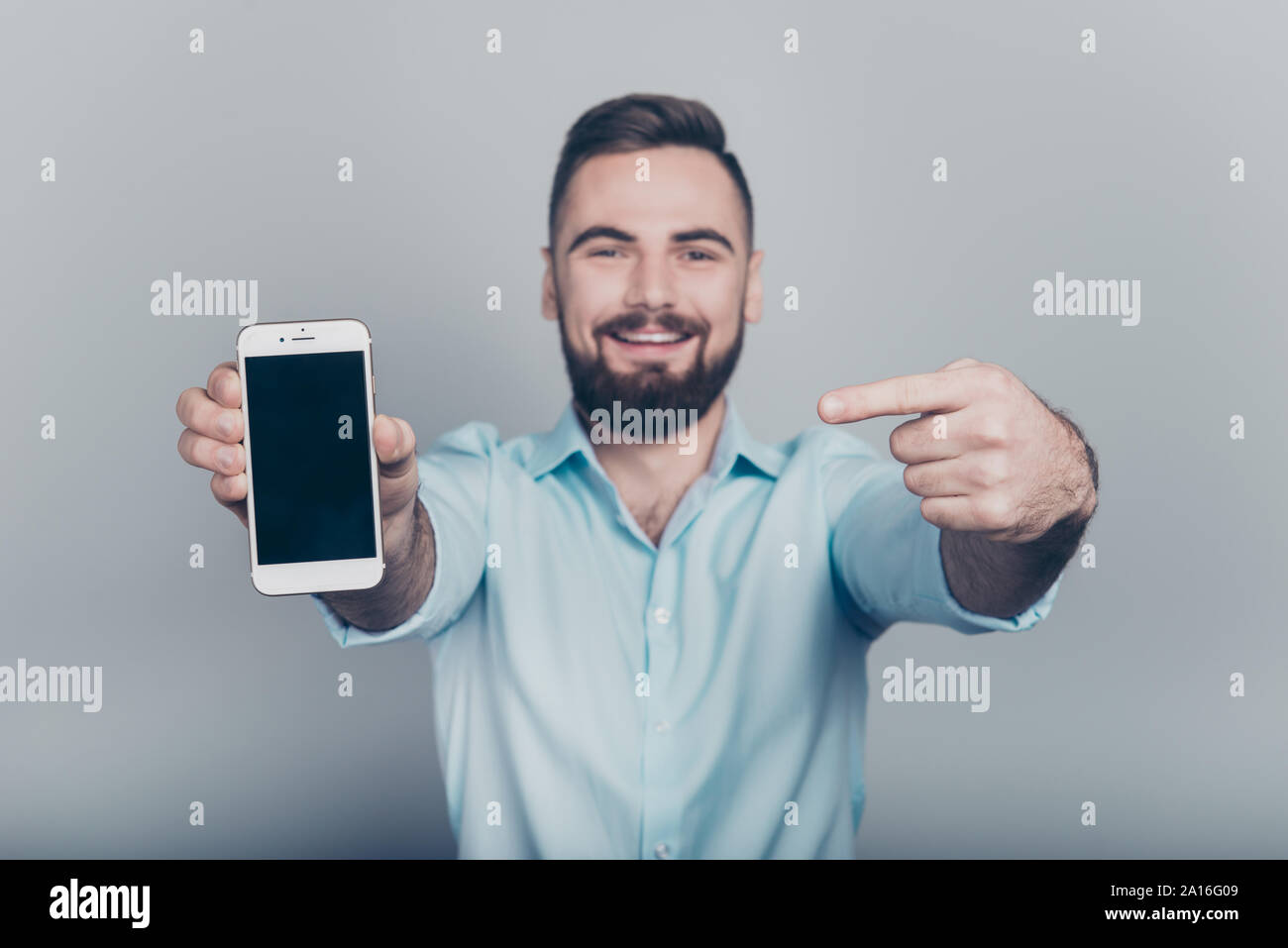 Close up studio photo portrait of cheerful youngster guy human i Stock ...