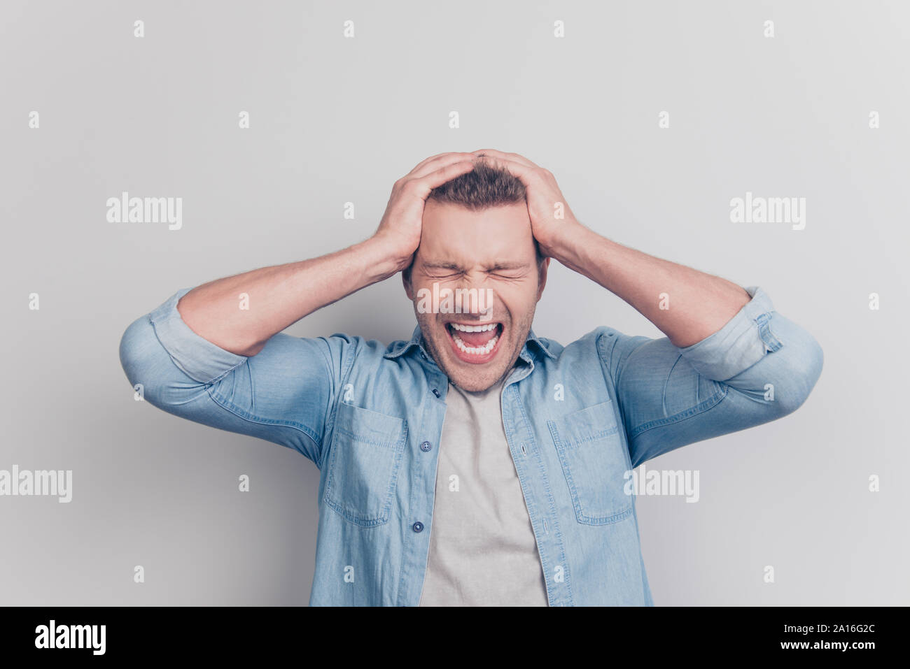 My head ready explode Photo of bad feeling man with closed eyes Stock ...