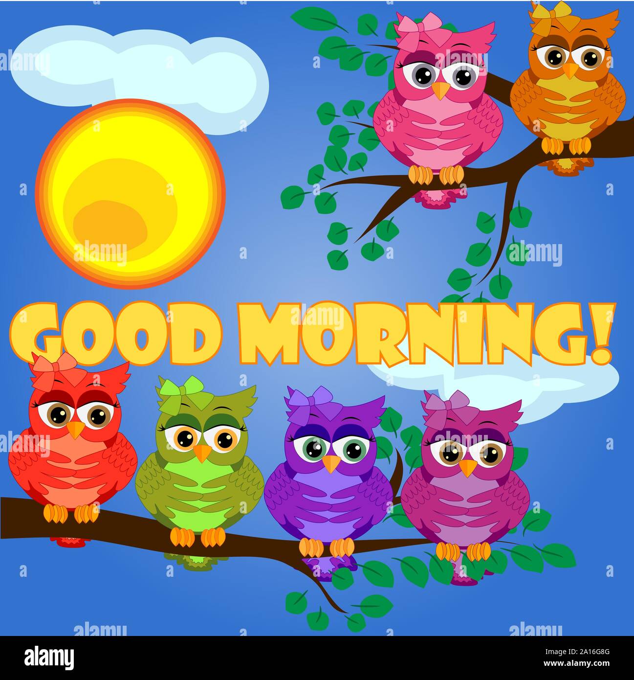 Cute coquettish owls sits on a tree. Inscription Good morning Stock ...