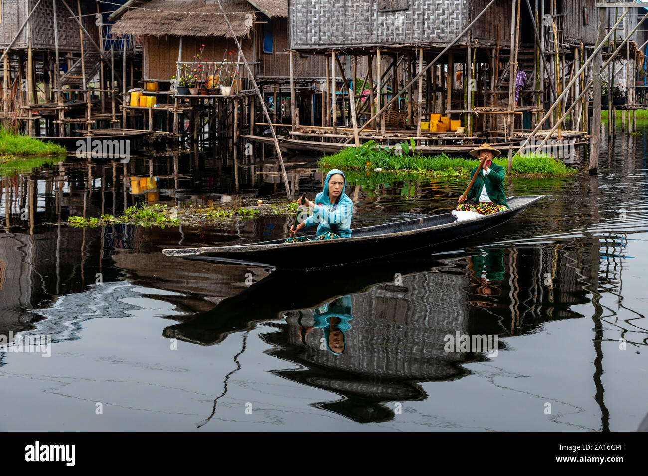 Local People Getting Around Nampan Village By Boat, Lake Inle, Shan ...