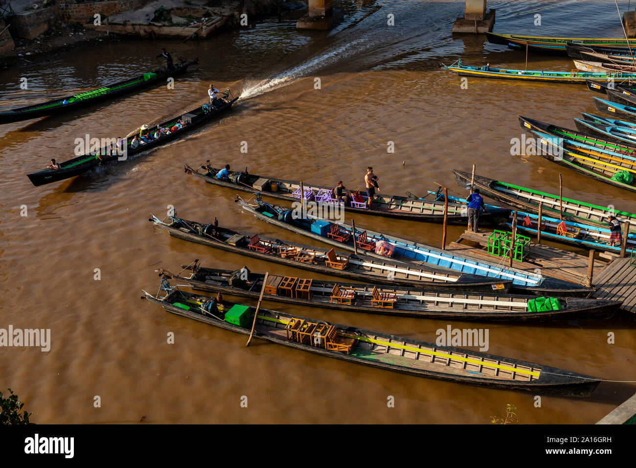 Tour Boats Lined Up In Nyaung Shwe Town, Lake Inle, Shan State, Myanmar ...