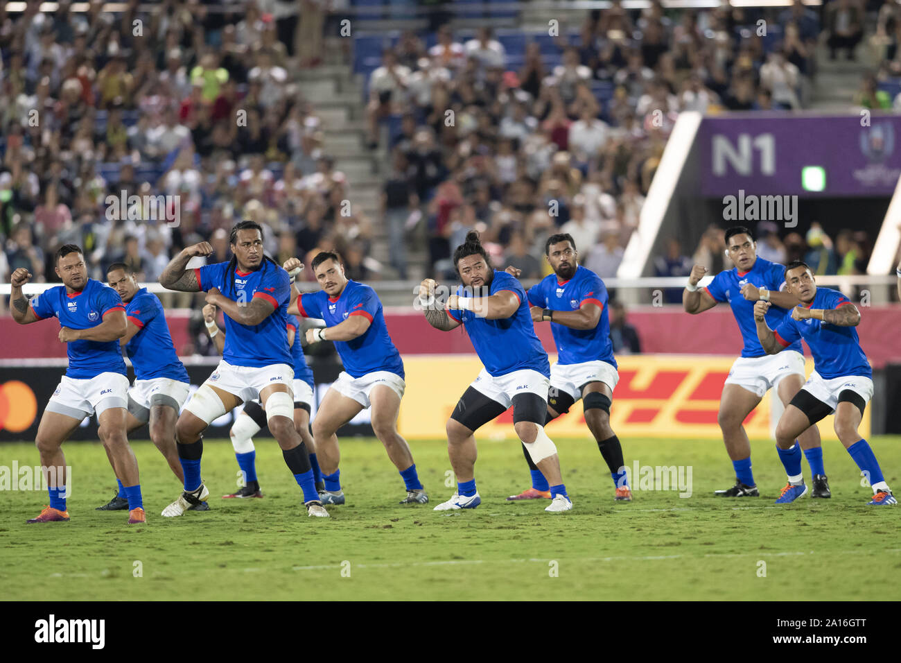 Saitama, Japan. 24th Sep, 2019. Samoan players perform the Siva Tau ...