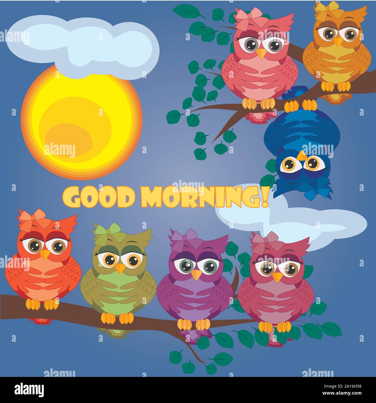 Cute coquettish owls with coffee sits on a tree. postcard, cartoon ...