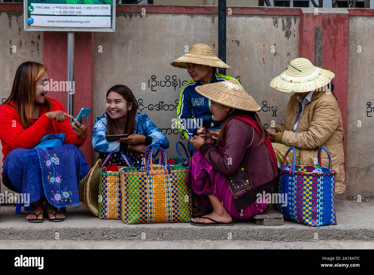 A Group Of Burmese Women In The Street, Nyaung Shwe, Lake Inle, Shan ...
