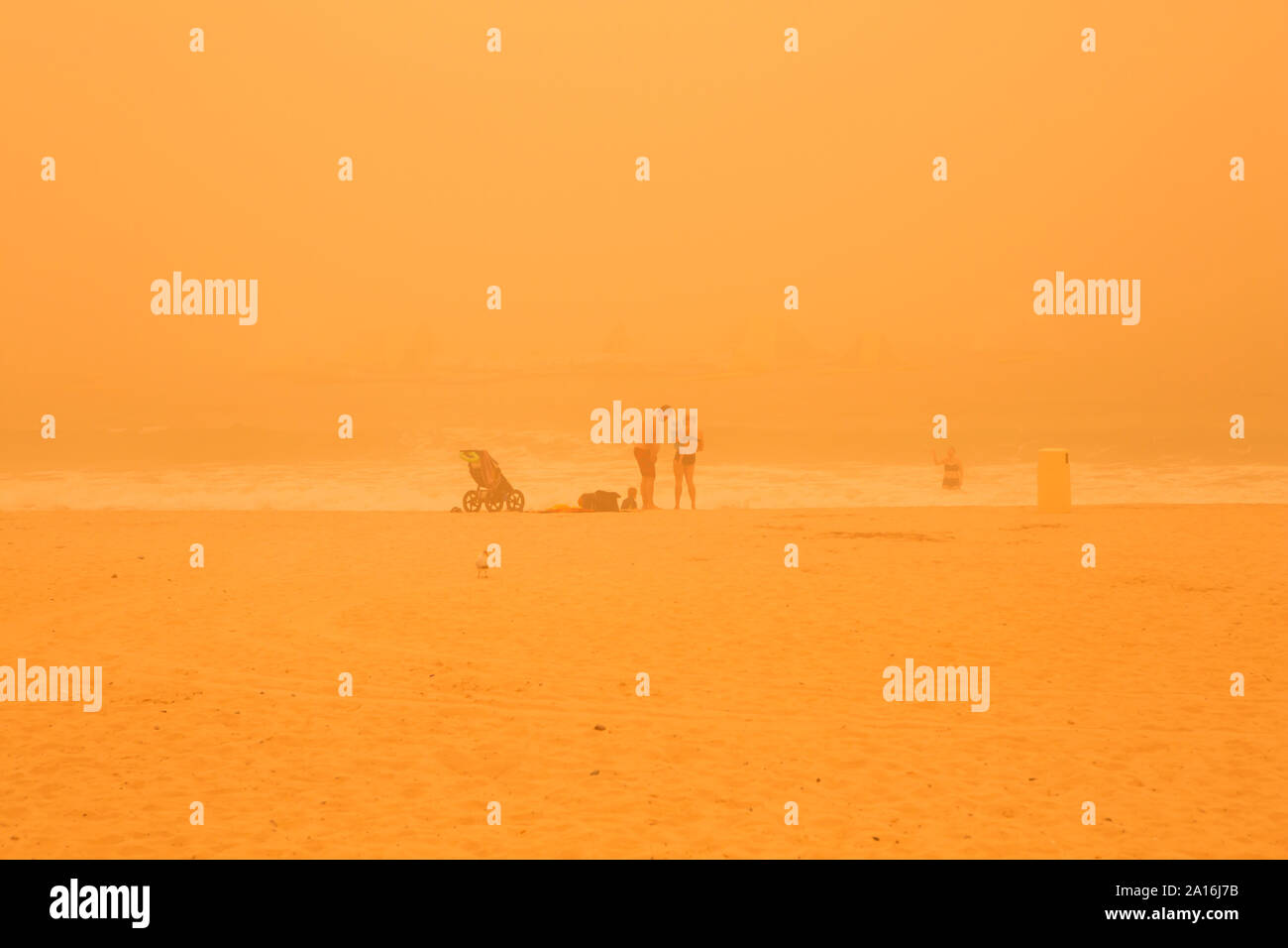 DUBAI - Tourists at the beach in Dubai Marina seen through the haze of ...