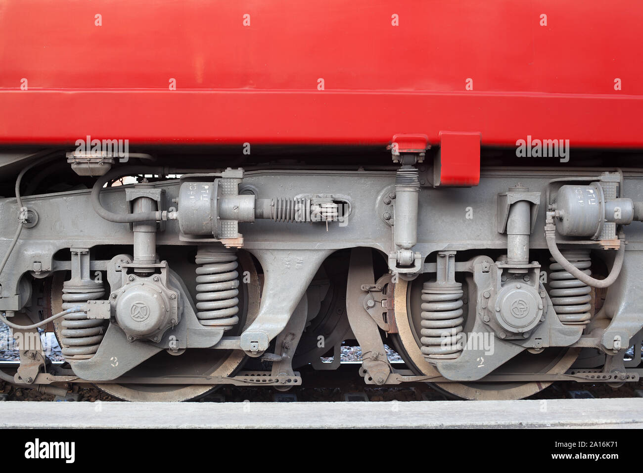 Locomotive on railway station platform, iron train wheels mechanism ...