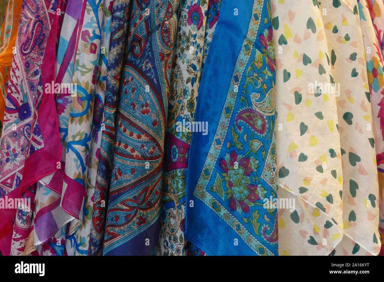 Brightly colored scarfs and veils in the Silk bazaar of Bursa, Turkey ...