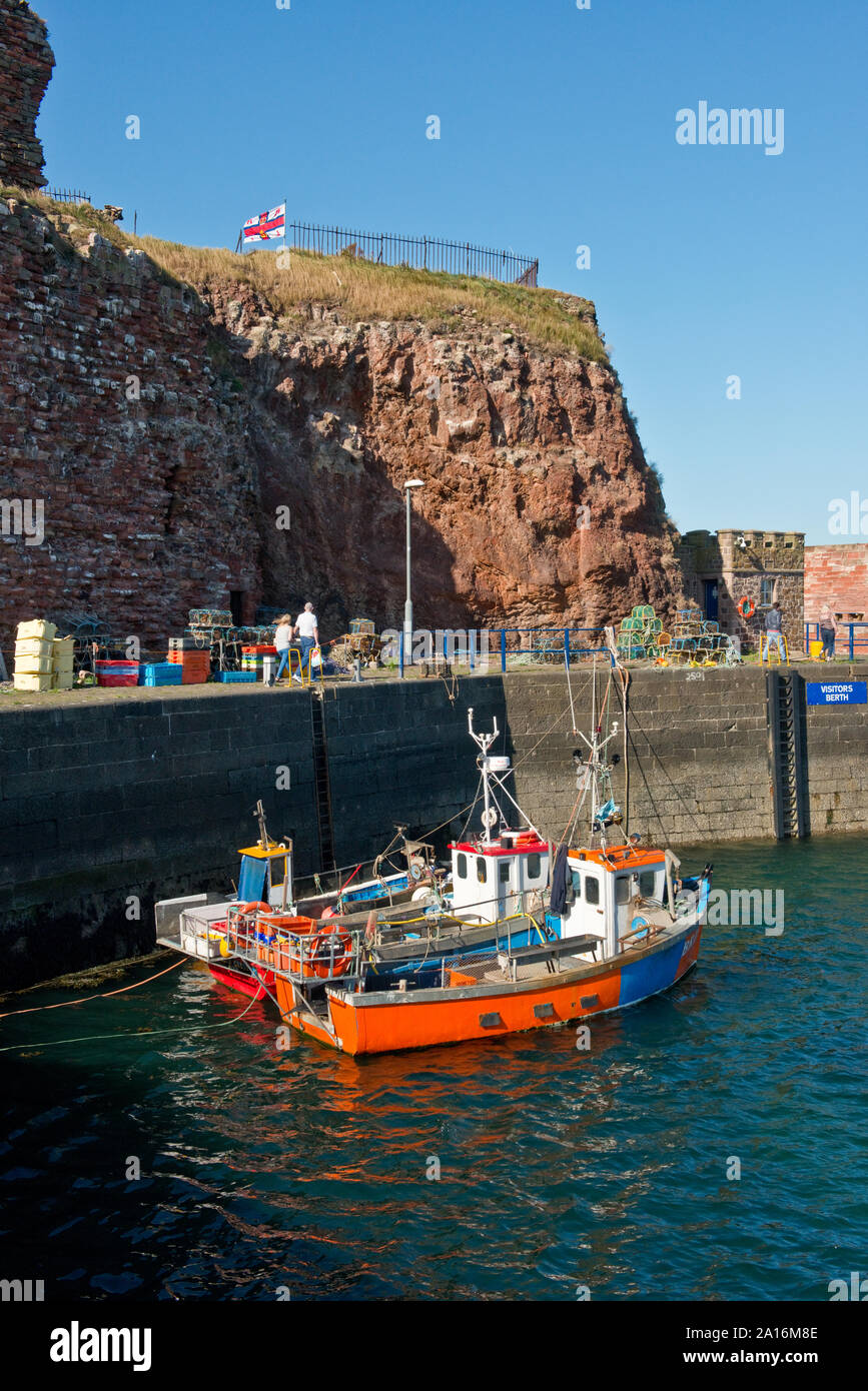 Fishing boats moored near Dunbar Castle in Victoria Harbour, Dunbar ...